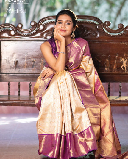 Pure kanjivaram tissue silk saree sandal and purple with allover silve ...