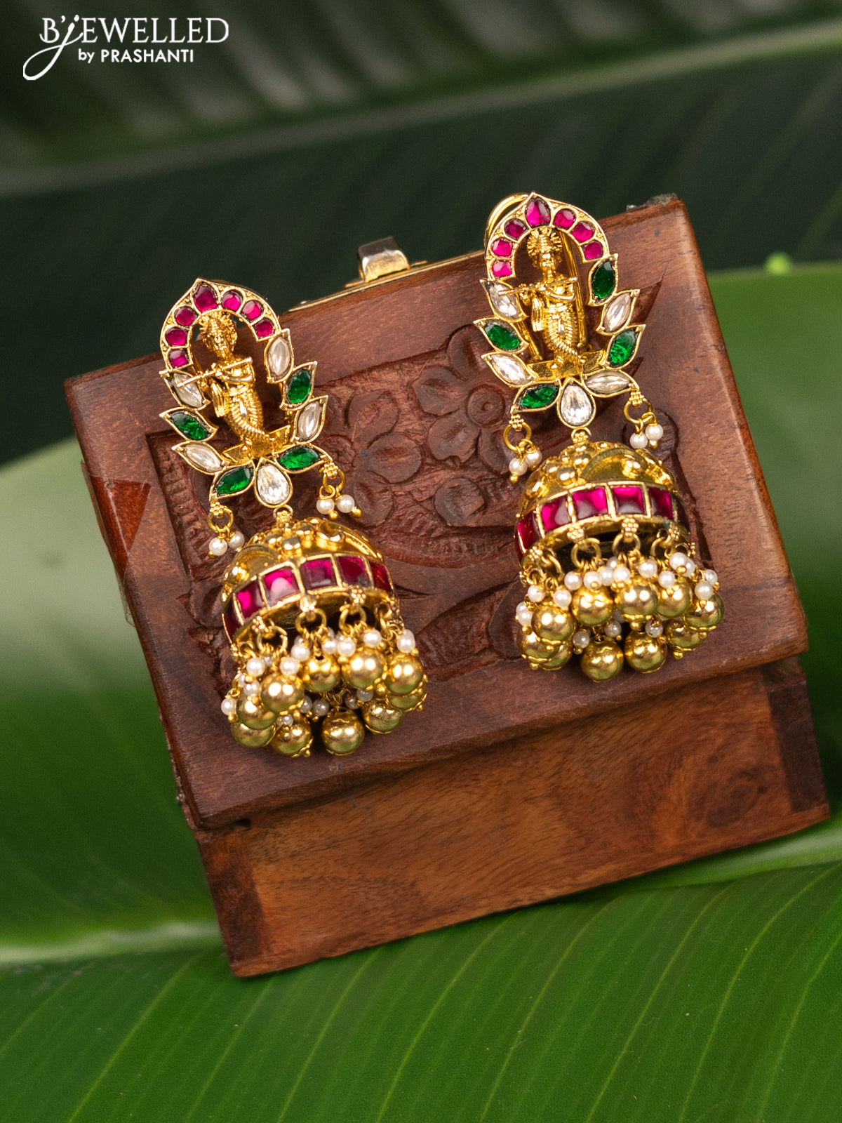 Antique screw type jhumka krishna design with jadau kundan stones and ...