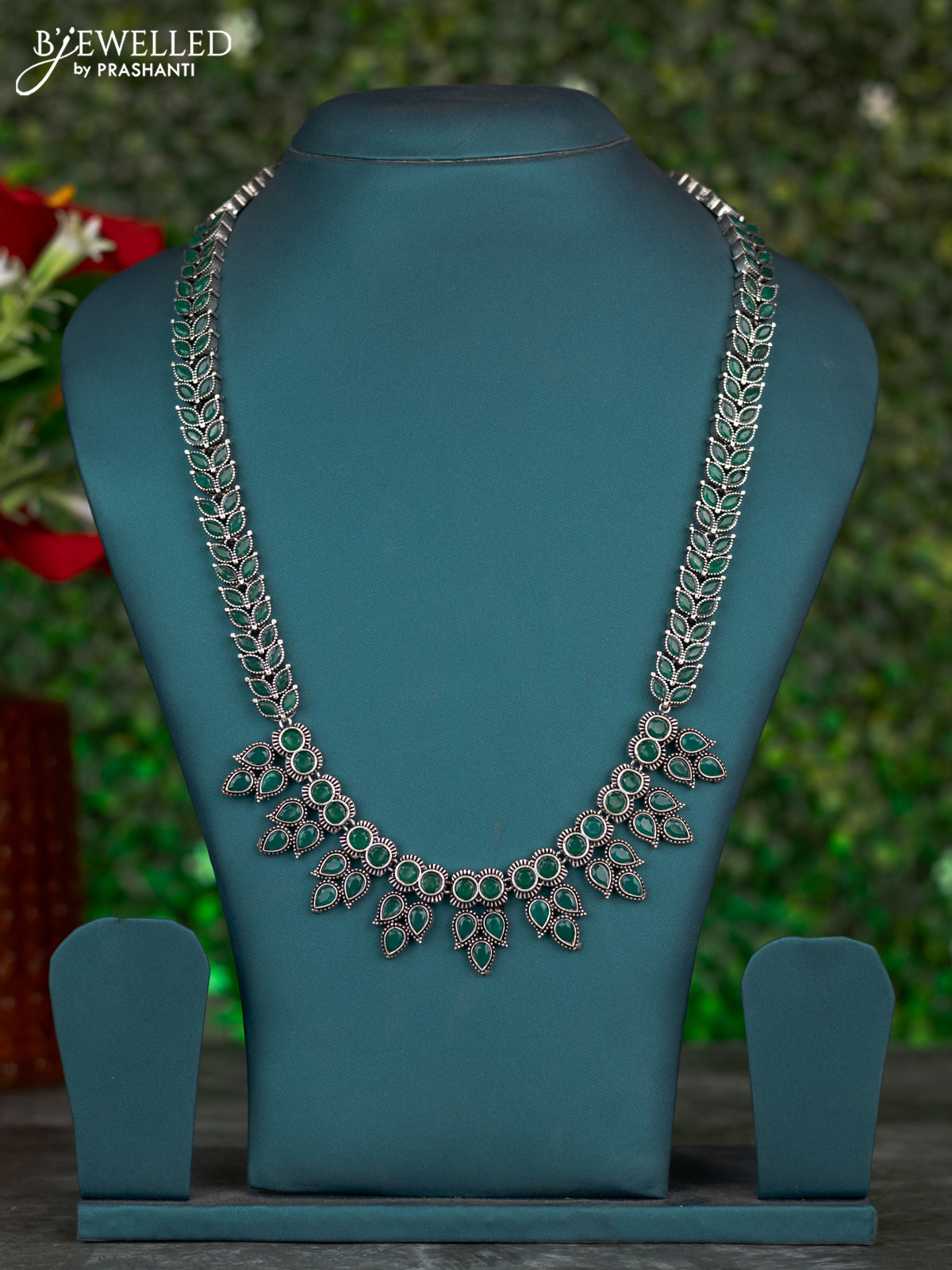 Oxidised haaram leaf design with emerald stones without earring ...