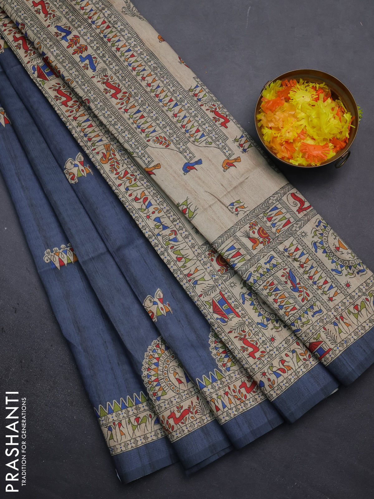 Semi tussar saree grey and beige with allover walri butta prints and p ...