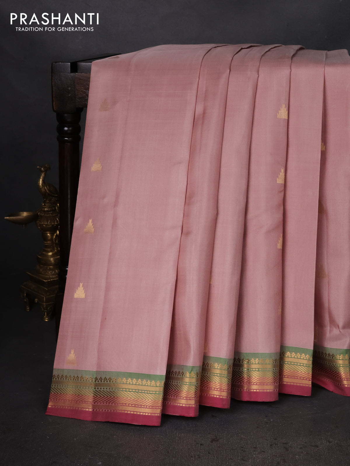 Pure kanchipuram silk saree pastel peach and maroon shade with zari wo ...