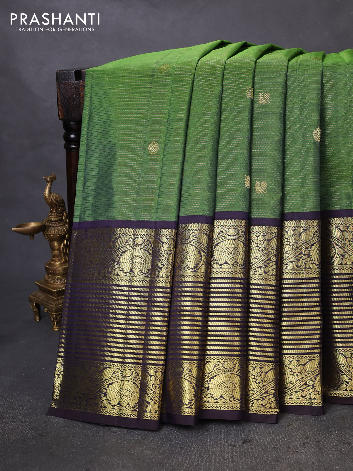 Pure kanchipuram silk saree green and coffee brown with allover zari w ...