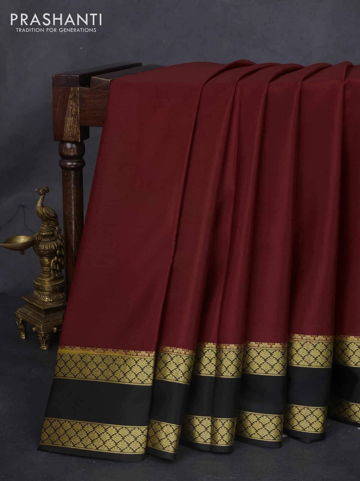 Pure mysore silk saree deep maroon and black with plain body and retta ...