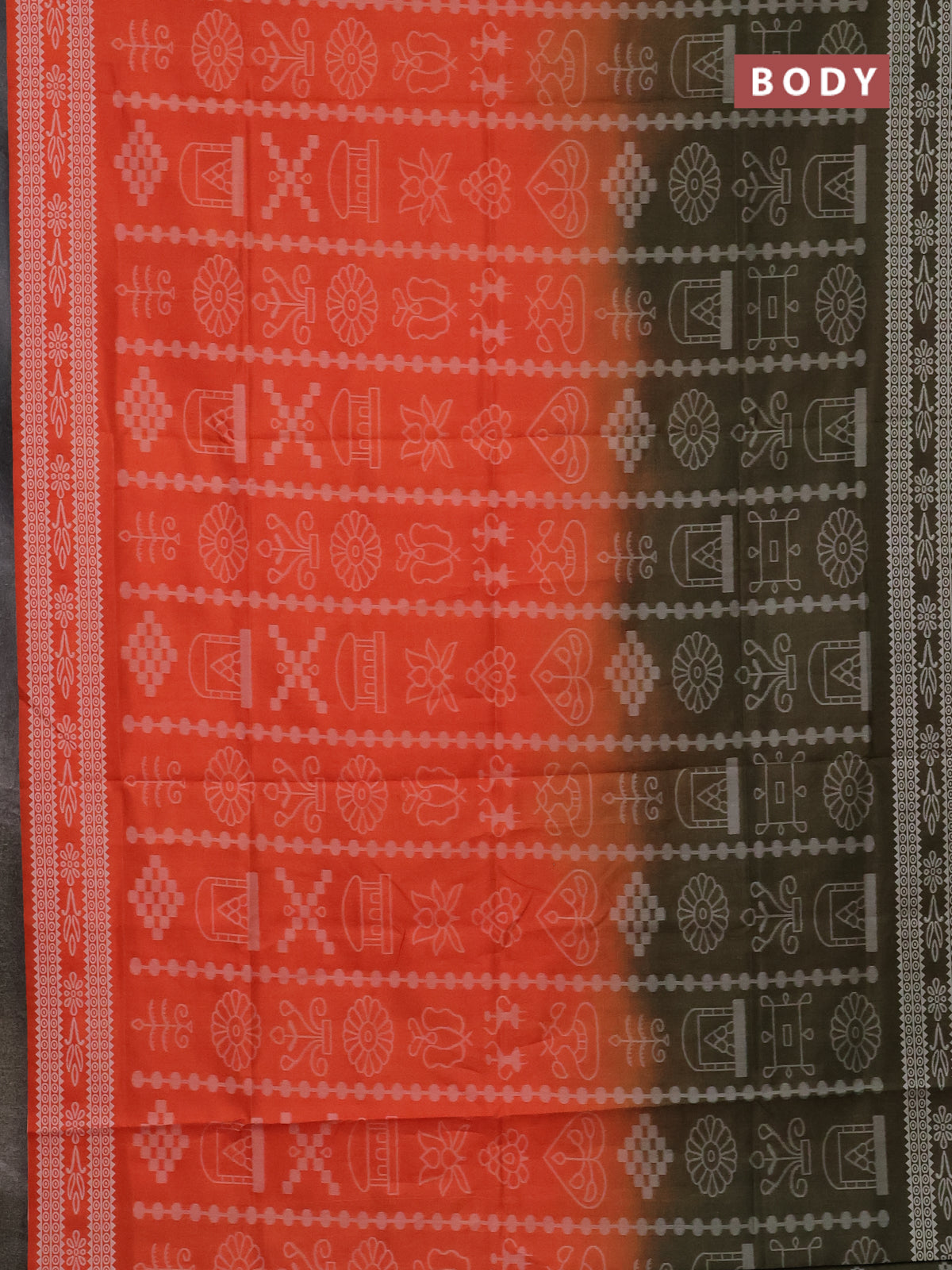 Semi sambalpuri silk saree orange and dark sap green with allover ikat ...