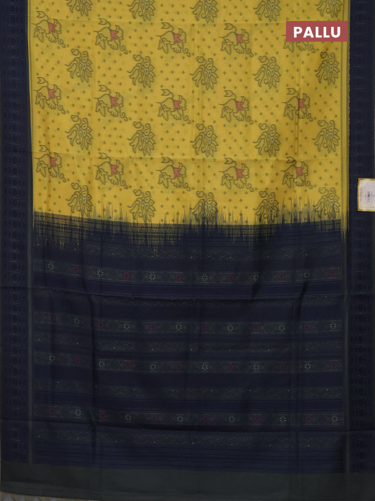 Semi sambalpuri silk saree yellow and grey navy blue with allover ikat ...