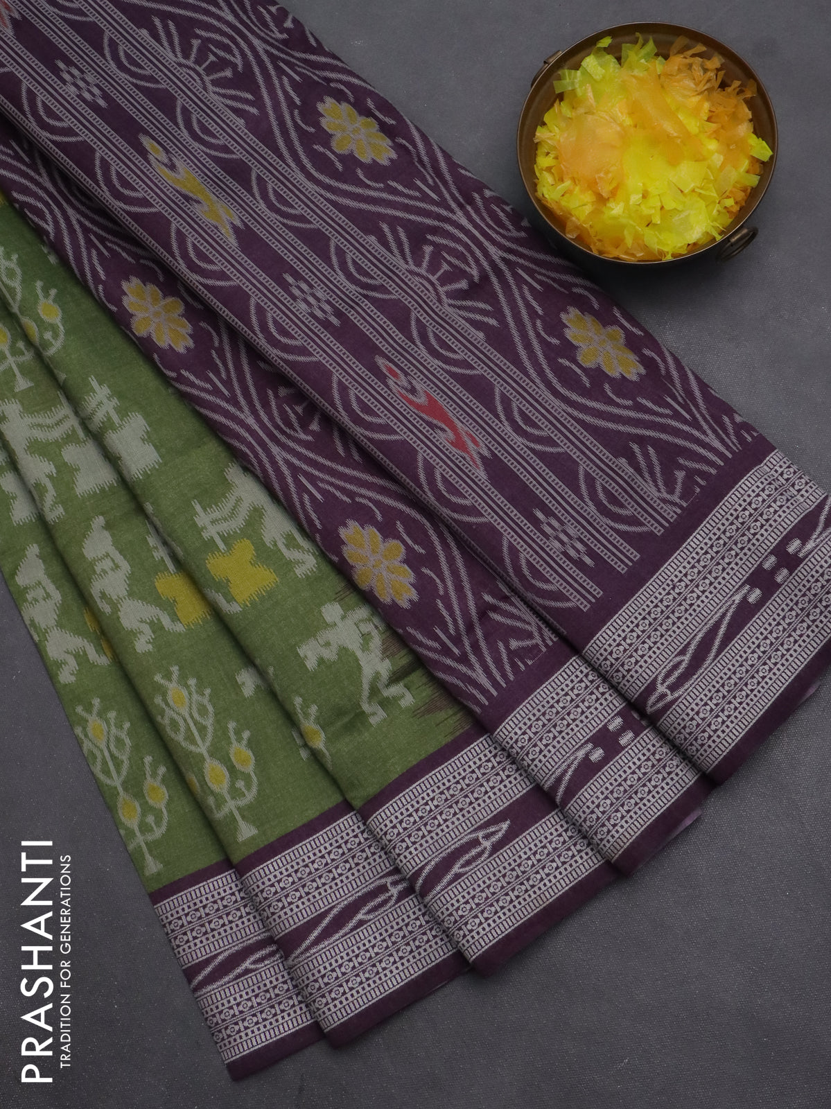 Semi sambalpuri silk saree sap green and wine shade with allover warli ...