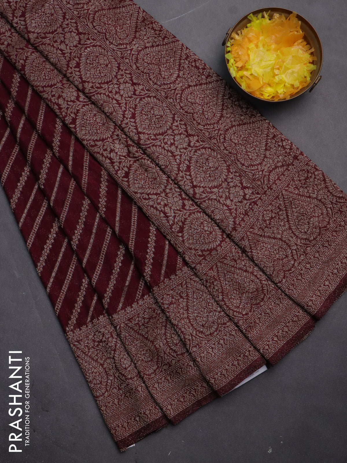 Banarasi semi crepe saree wine shade with allover stripes pattern and ...