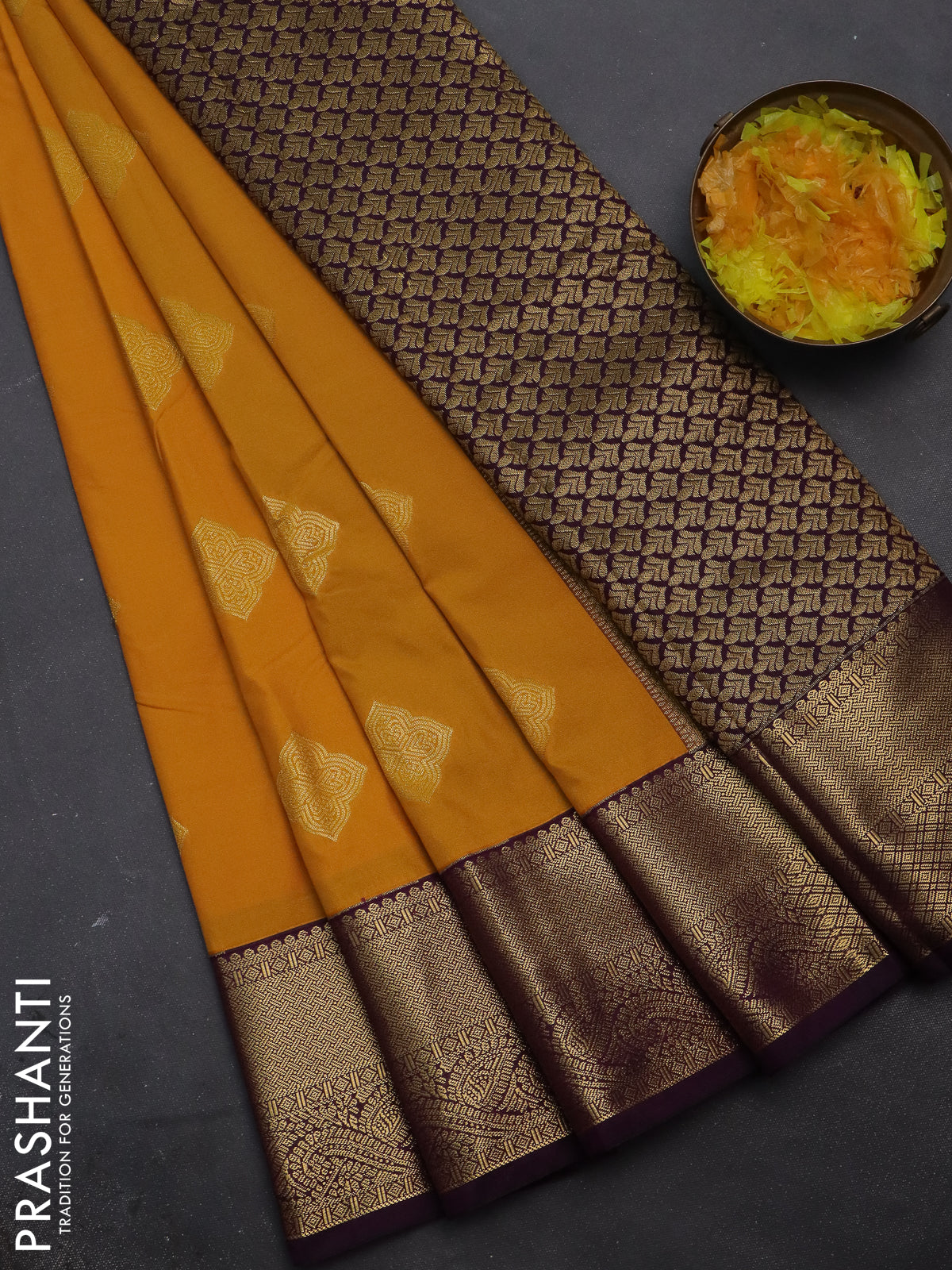 Semi kanchipuram silk saree mustard yellow and deep purple with zari w ...