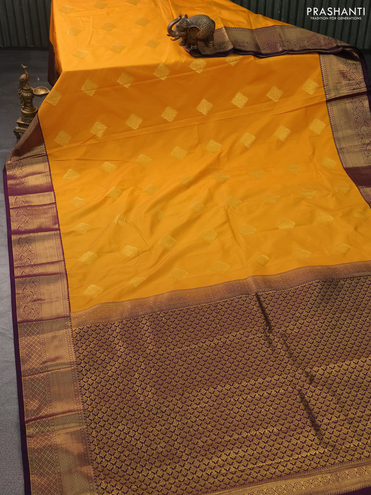 Semi kanchipuram silk saree mustard yellow and deep purple with zari w ...