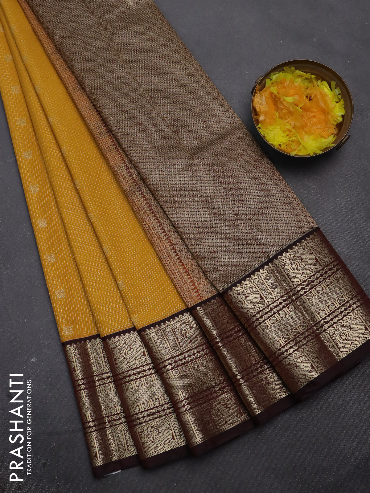 Semi kanchipuram silk saree mustard yellow and deep maroon with allove ...