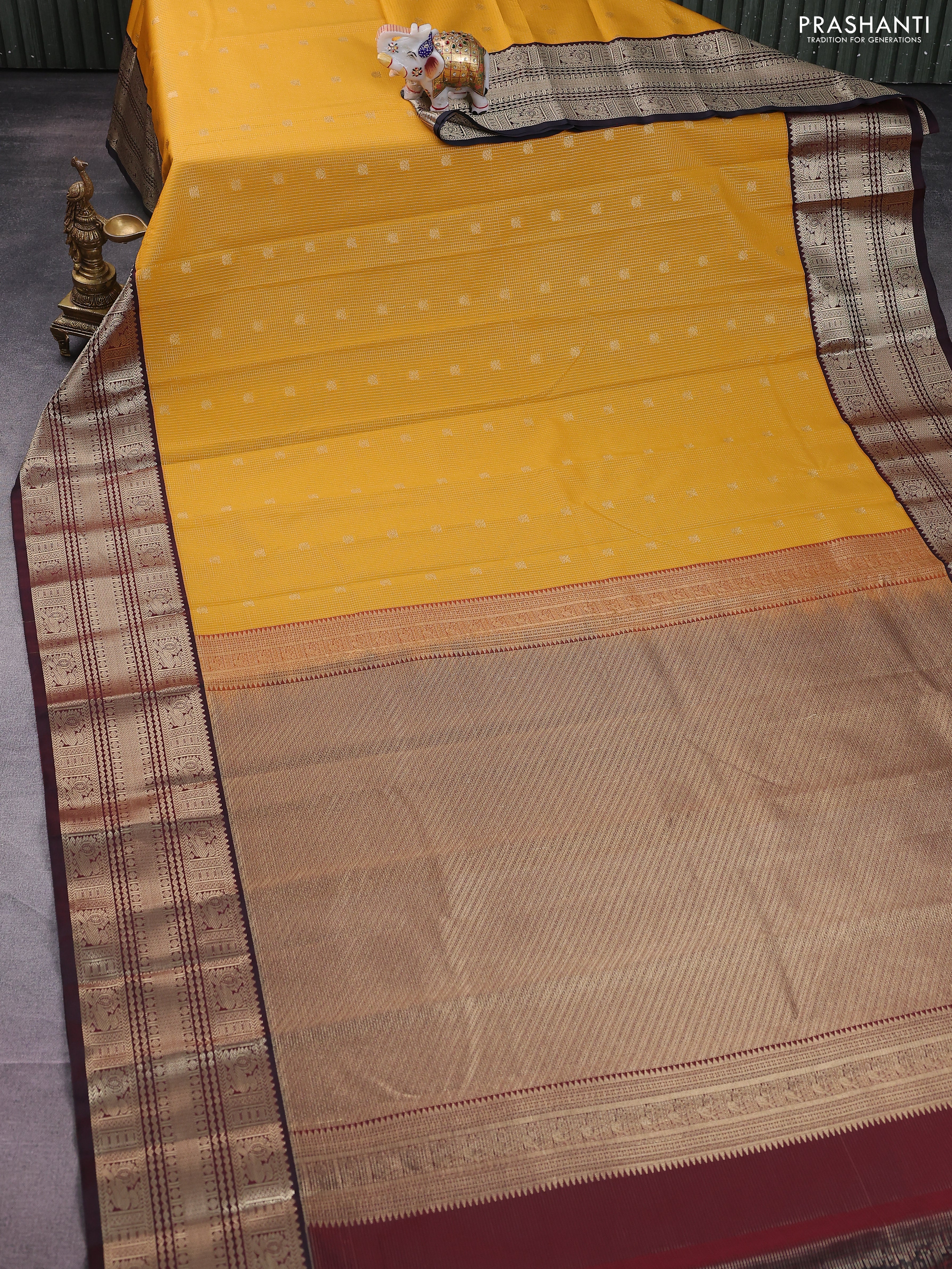 Semi kanchipuram silk saree mustard yellow and deep maroon with allove ...