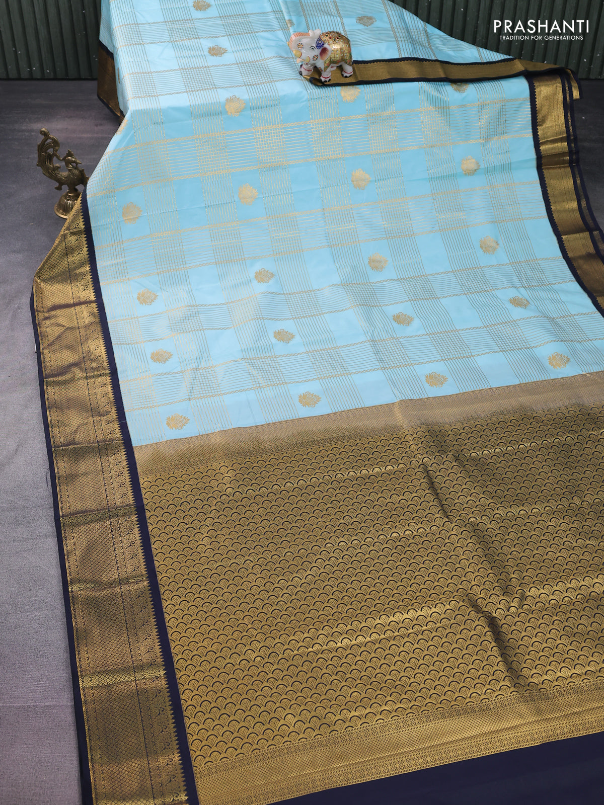 Semi kanchipuram silk saree light blue and deep navy blue with allover ...