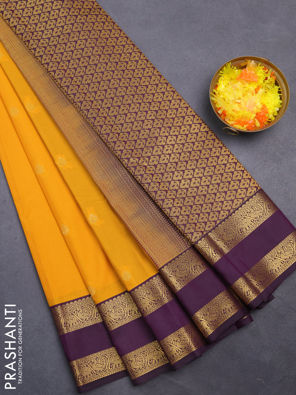 Semi kanchipuram silk saree mustard yellow and deep jamun with zari wo ...