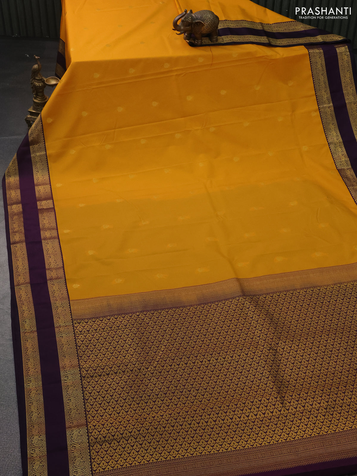 Semi kanchipuram silk saree mustard yellow and deep jamun with zari wo ...