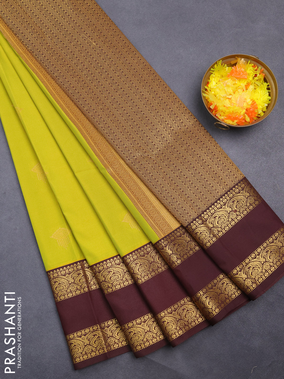 Semi kanchipuram silk saree lime yellow and deep maroon with zari wove ...