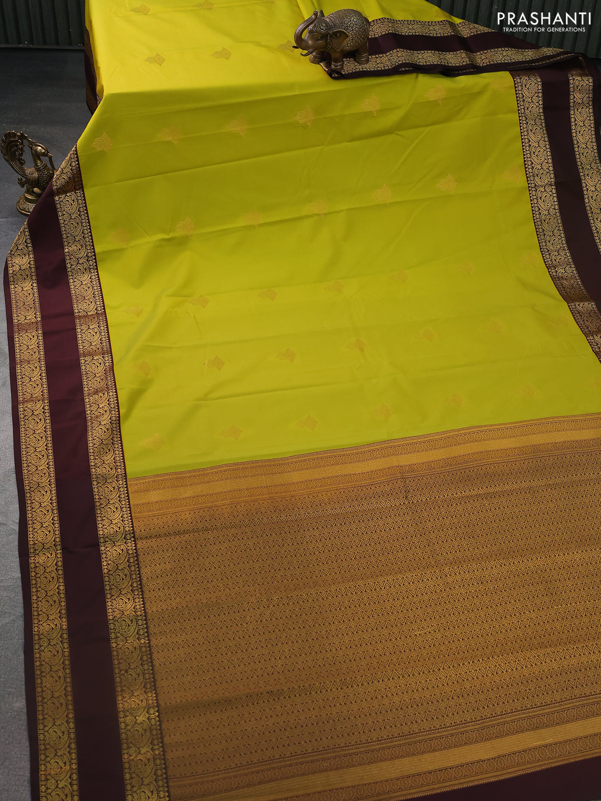 Semi kanchipuram silk saree lime yellow and deep maroon with zari wove ...