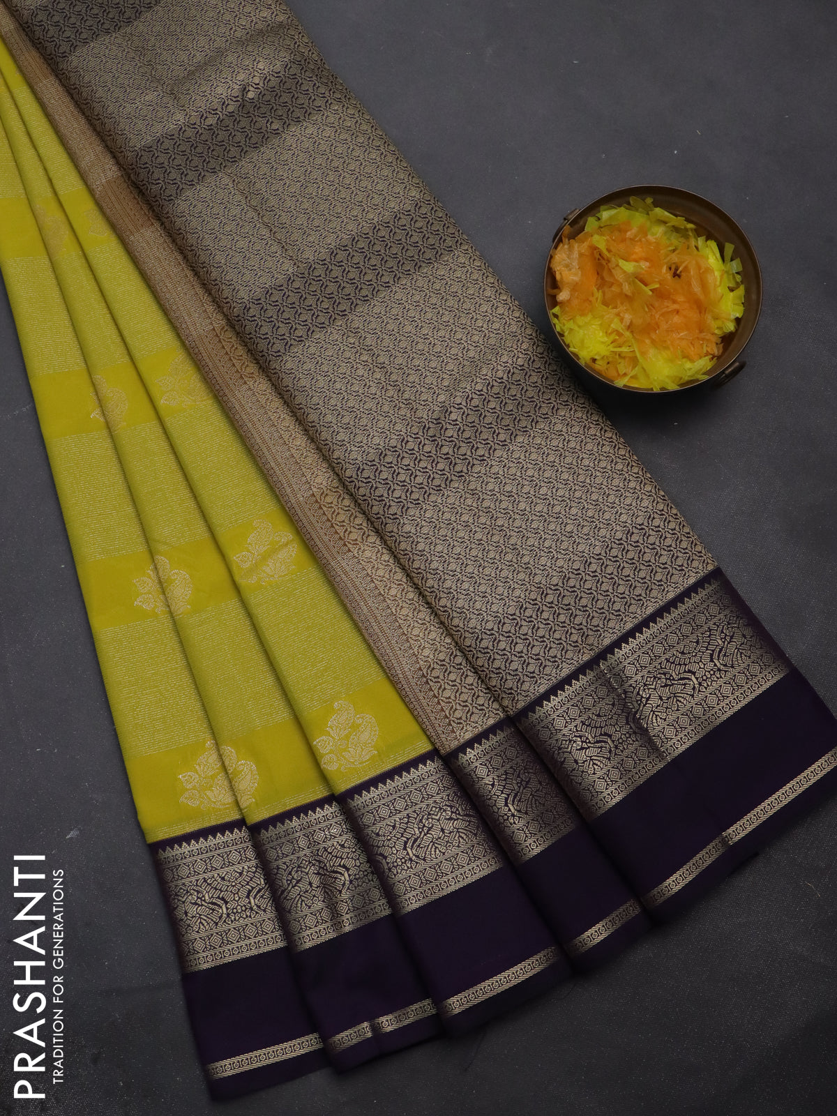 Semi kanchipuram silk saree lime yellow and deep violet with allover s ...