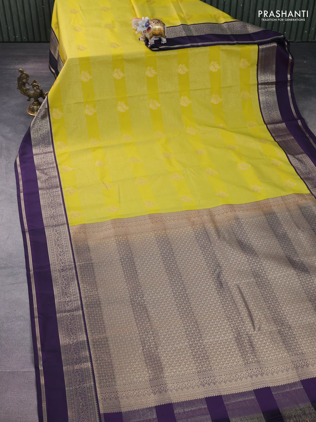 Semi kanchipuram silk saree lime yellow and deep violet with allover s ...