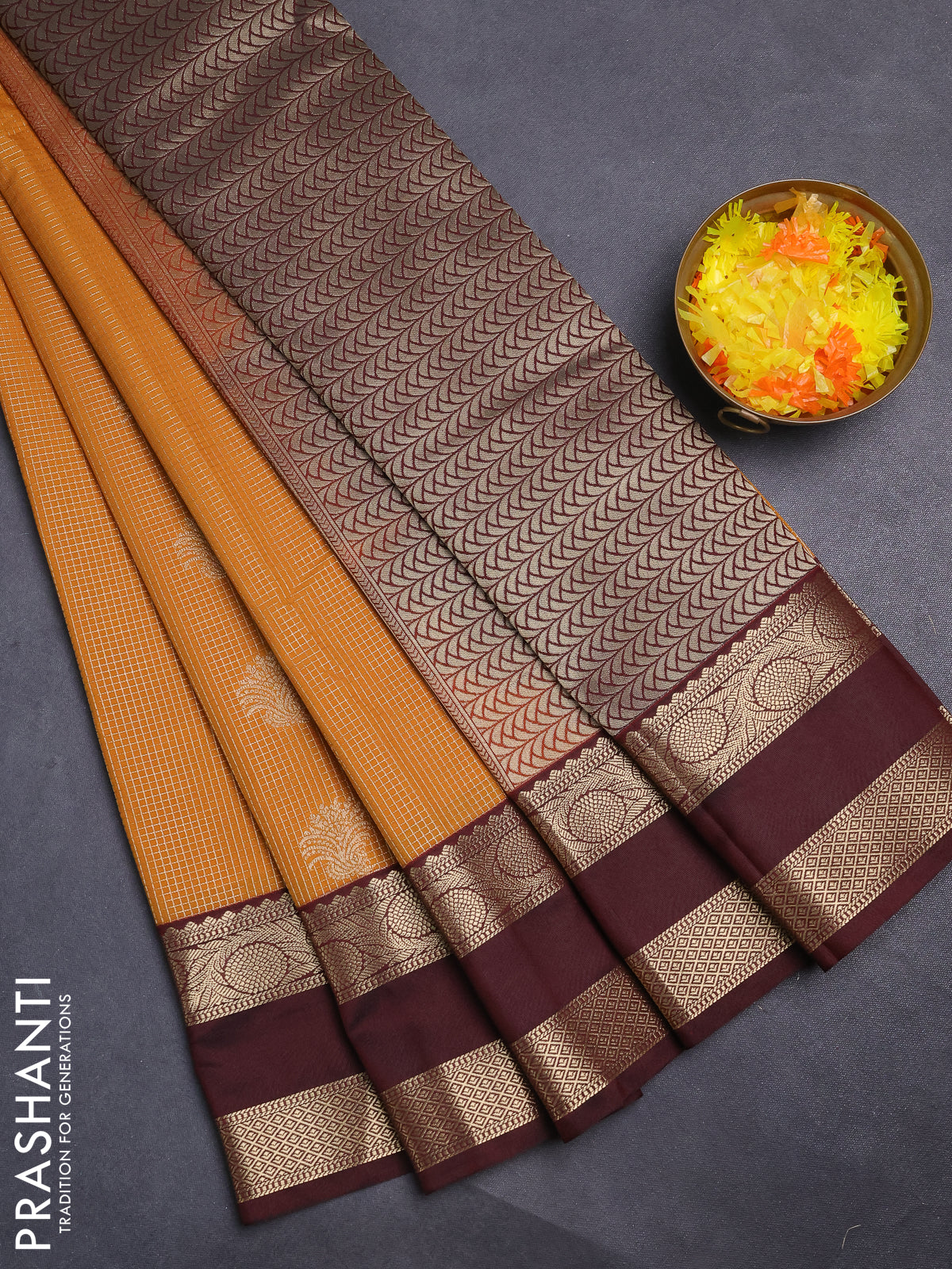 Semi kanchipuram silk saree mustard yellow and deep maroon with allove ...