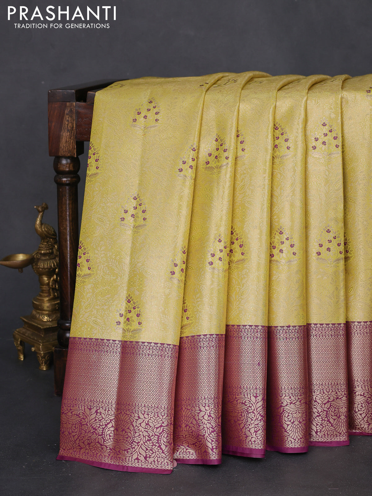 Bangalori tissue silk saree lime yellow and deep purple with zari wove ...