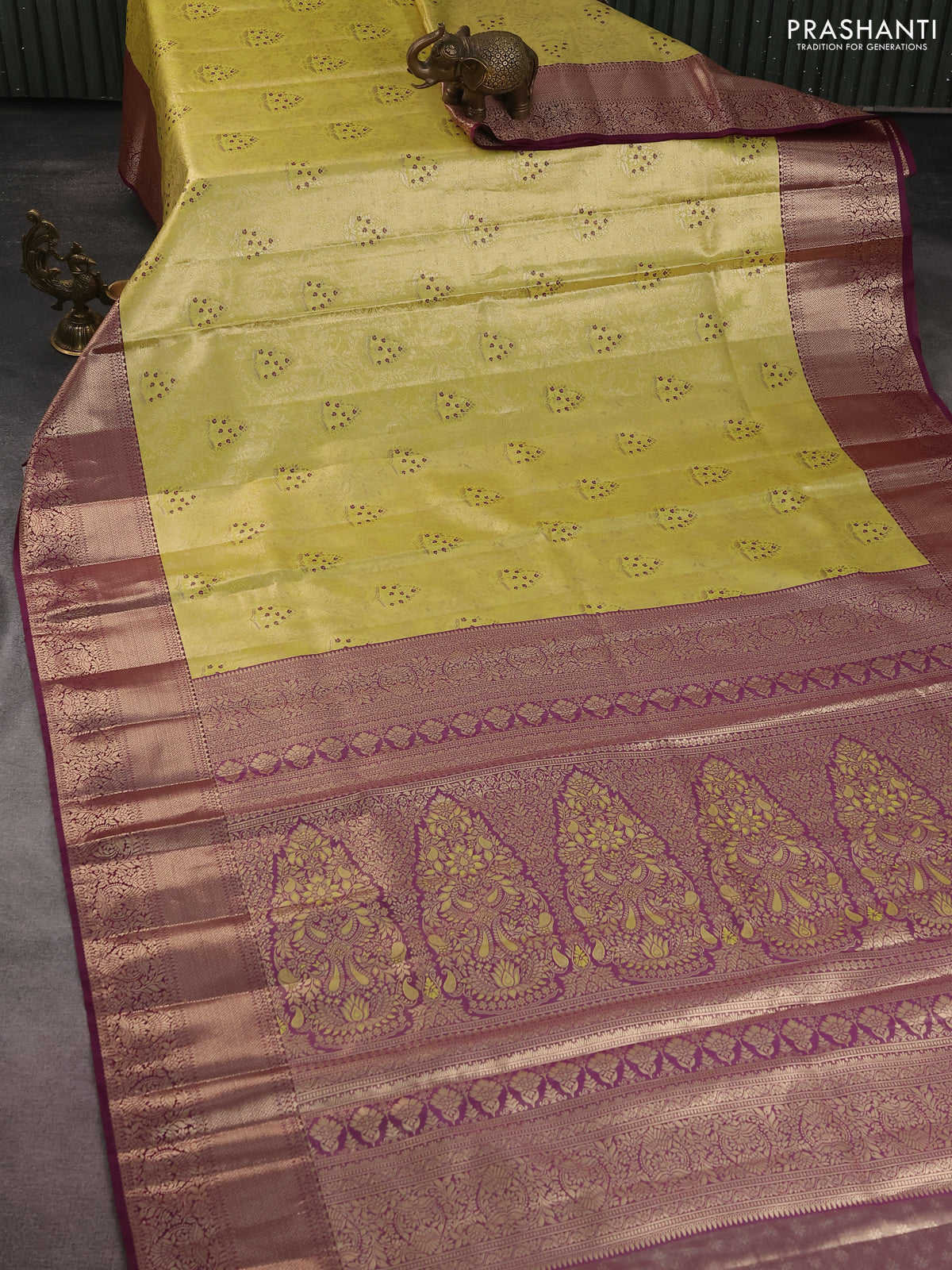 Bangalori tissue silk saree lime yellow and deep purple with zari wove ...