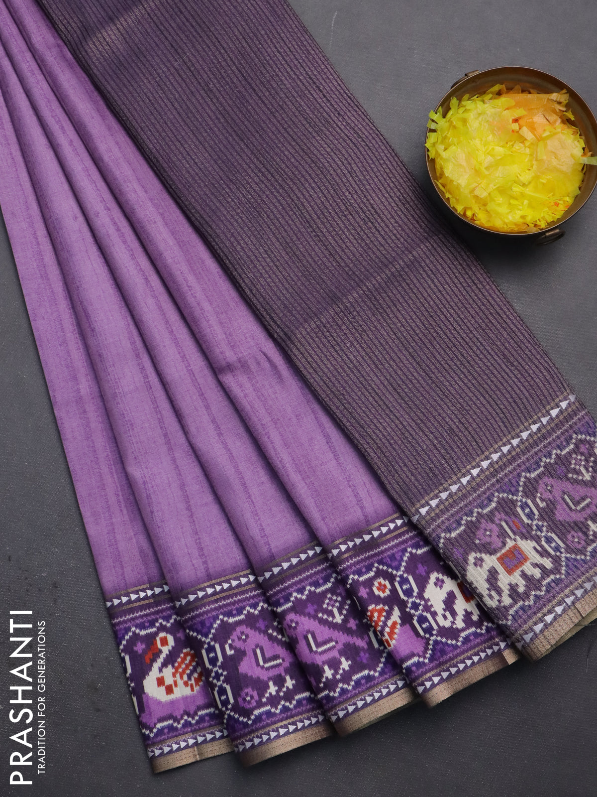 Semi tussar saree mild purple and purple with plain body and patola pr ...