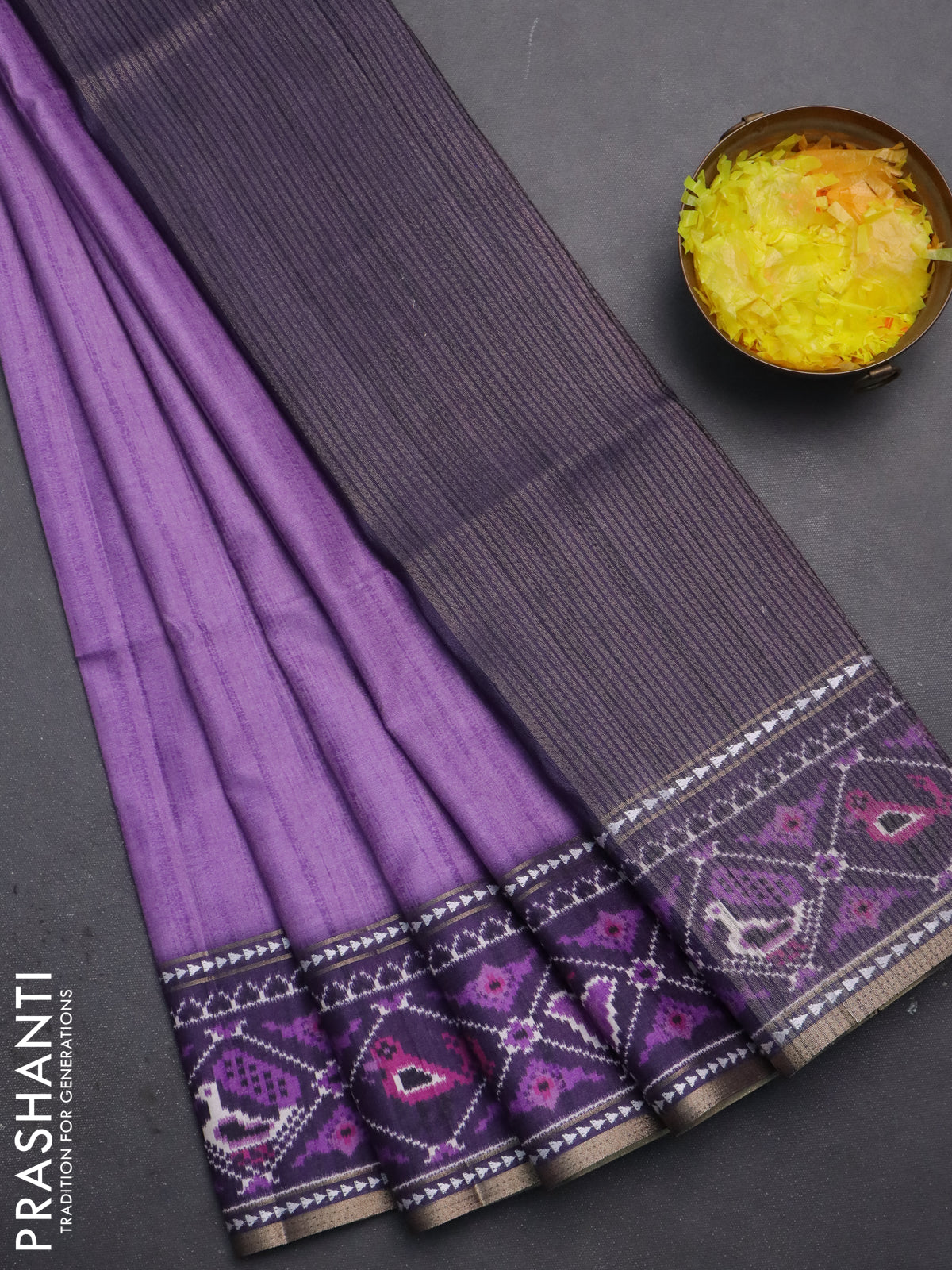 Semi tussar saree mild purple and purple with plain body and patola pr ...