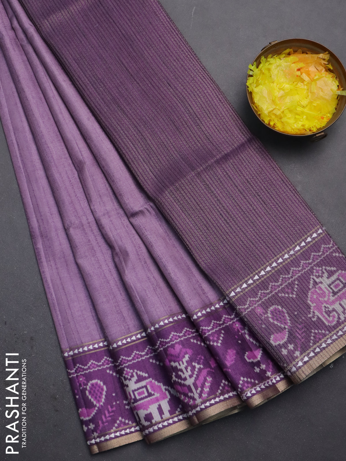Semi tussar saree mild purple and purple with plain body and patola pr ...