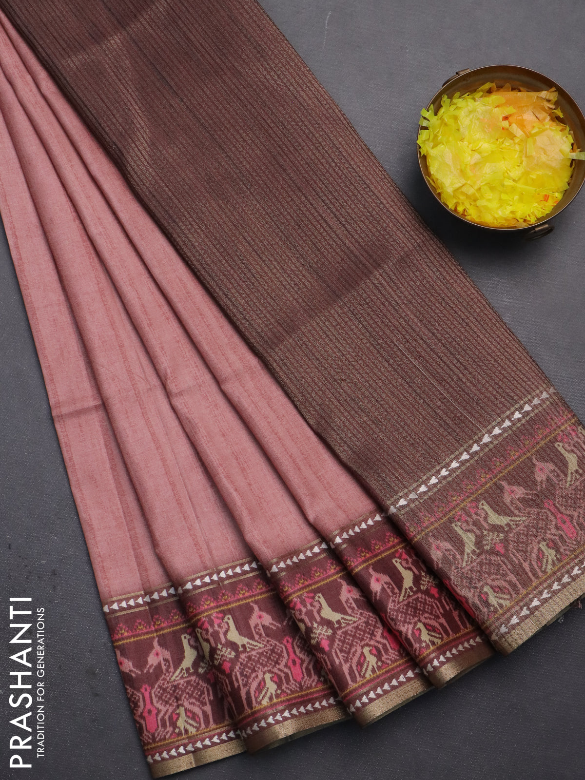Semi tussar saree pastel peach and brown with plain body and patola pr ...