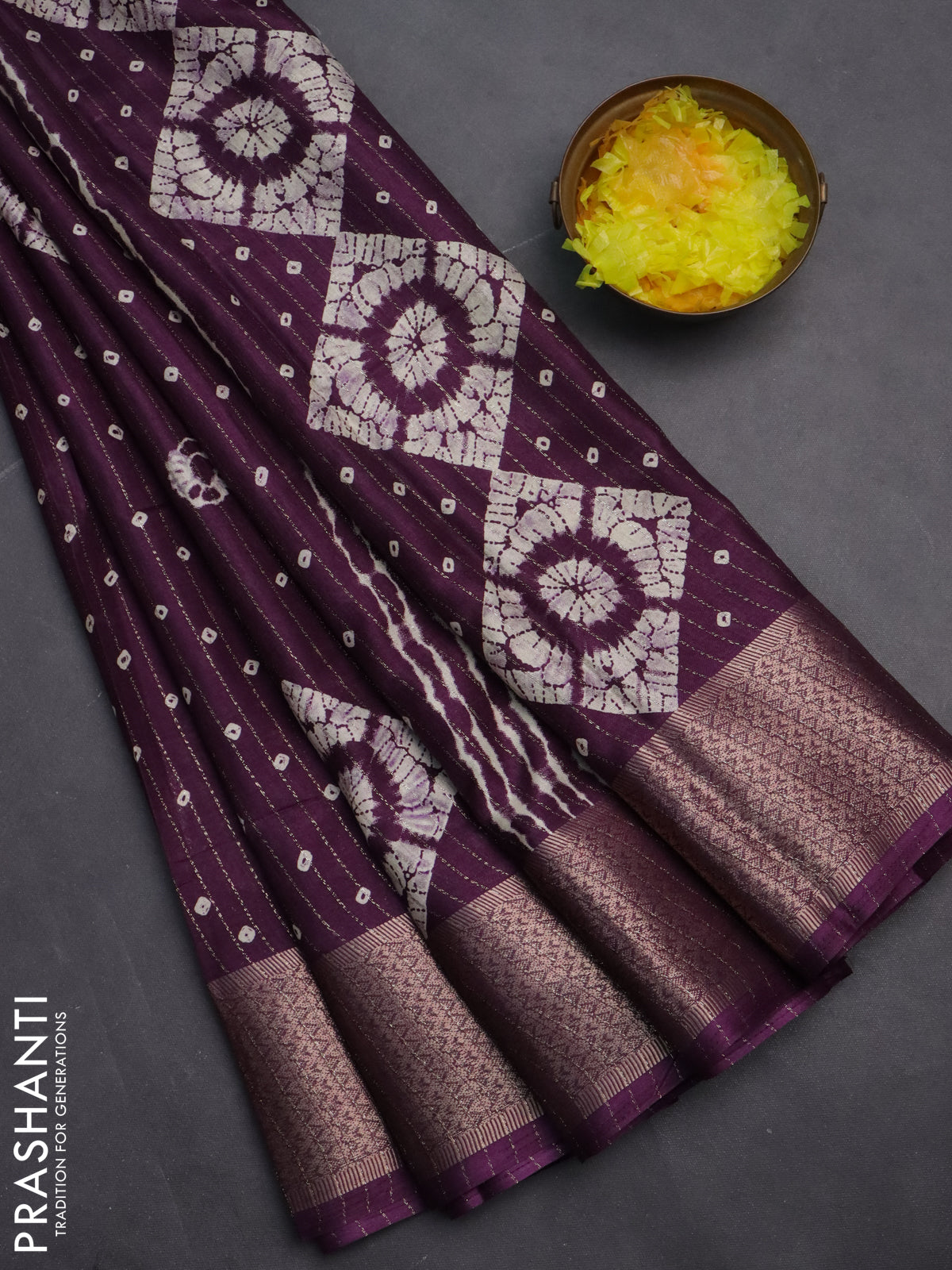 Semi dola saree deep purple with allover zari weaves & bandhani prints – Prashanti Sarees