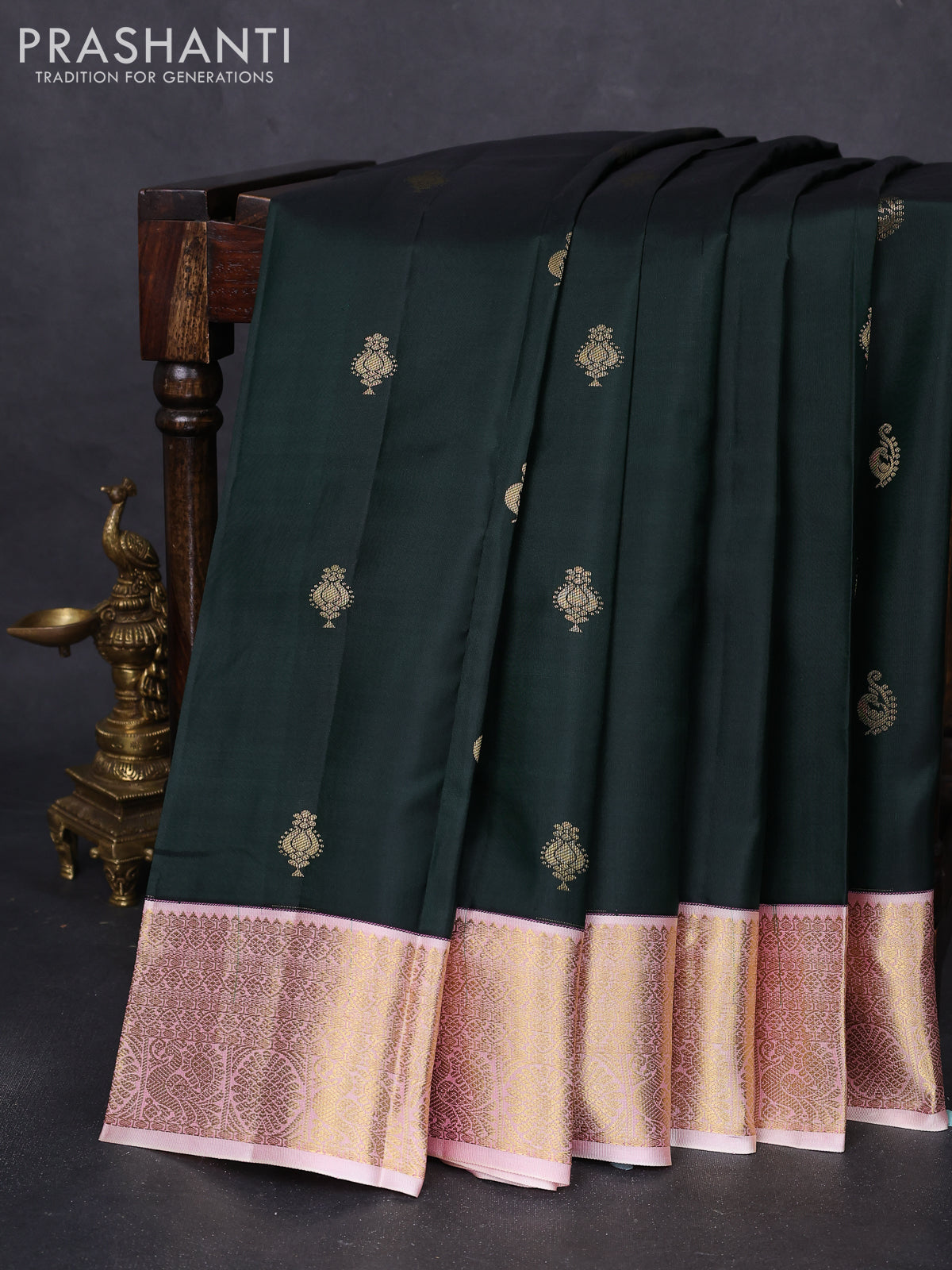 Pure kanchipuram silk saree bottle green and pastel peach shade with z ...