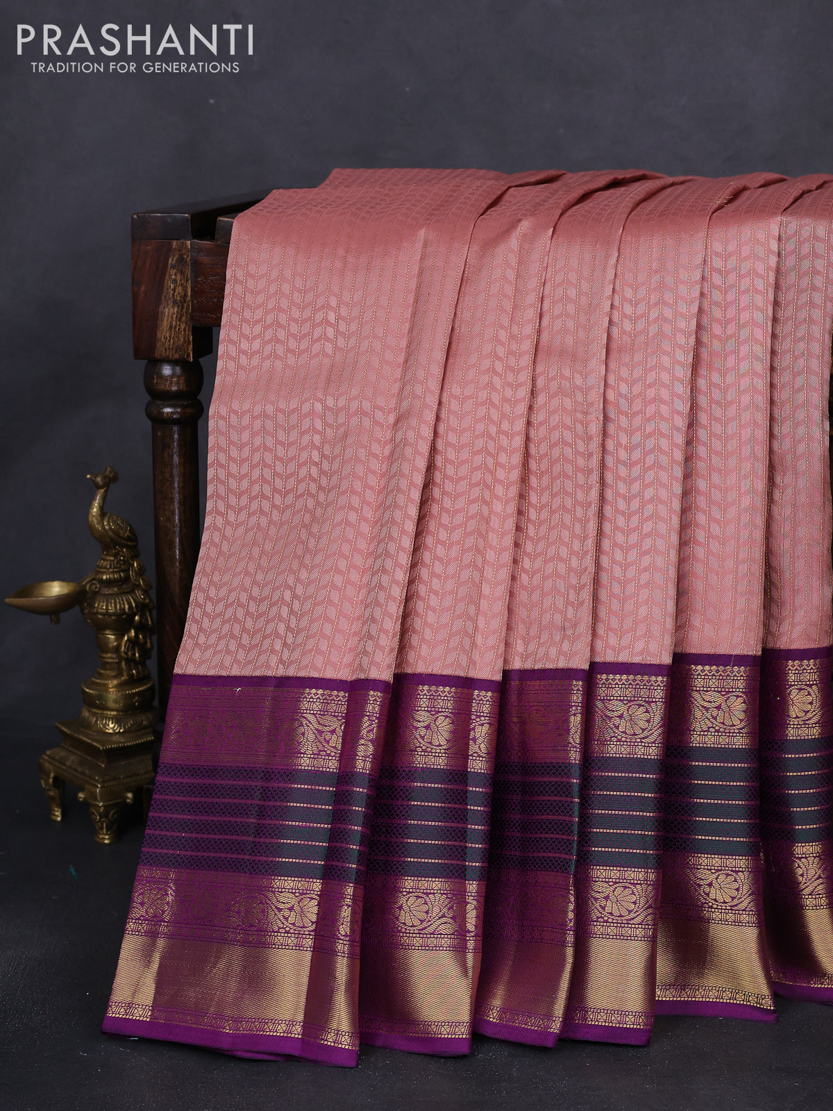 Pure kanchipuram silk saree pastel peach and purple with allover self ...
