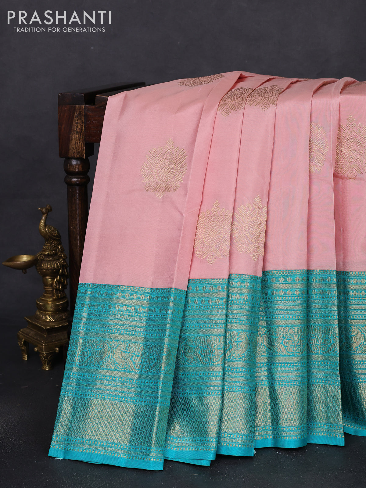 Pure kanchipuram silk saree pastel peach and teal blue with zari woven ...