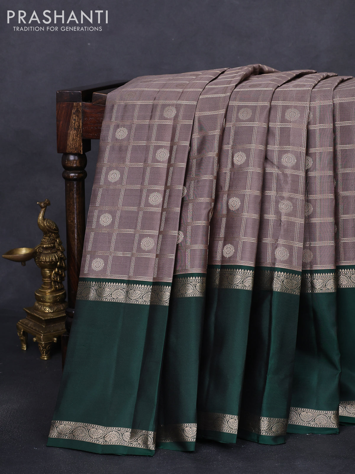 Pure kanchipuram silk saree pastel brown and dark green with allover z ...