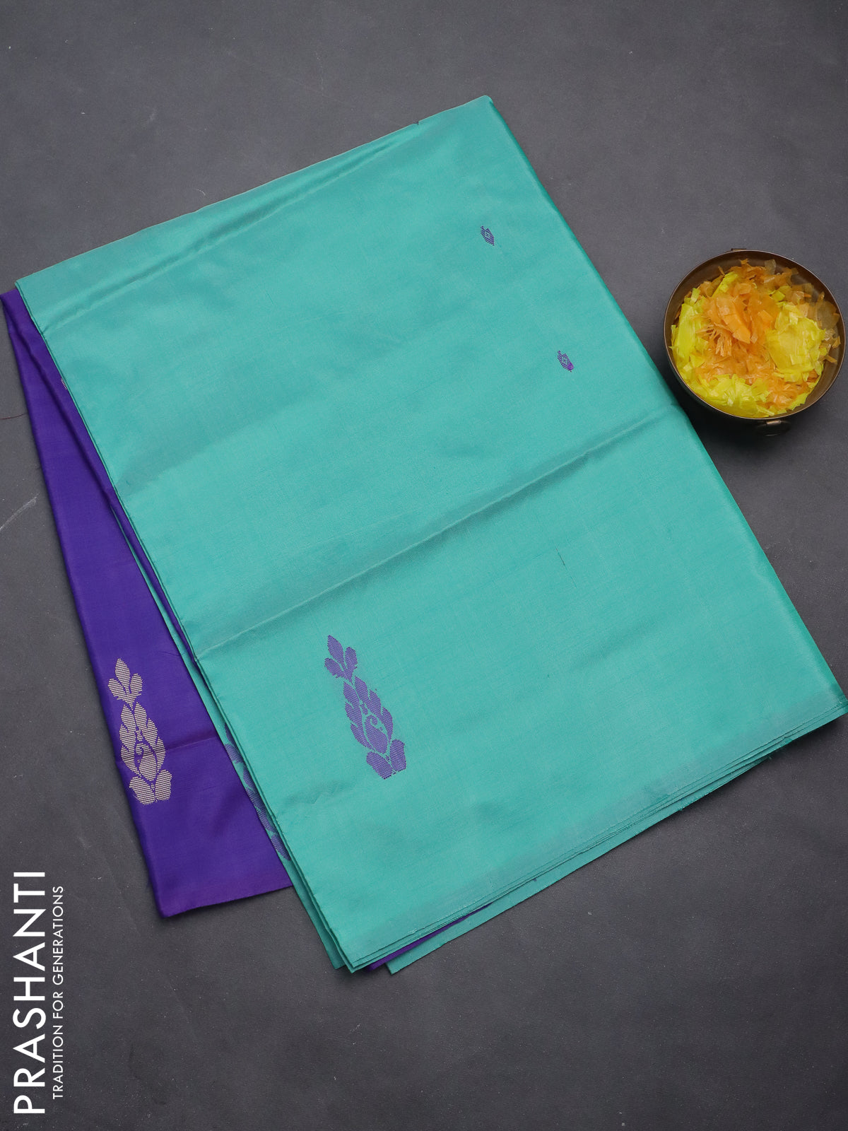 Banana pith saree teal green shade and violet with thread woven buttas ...