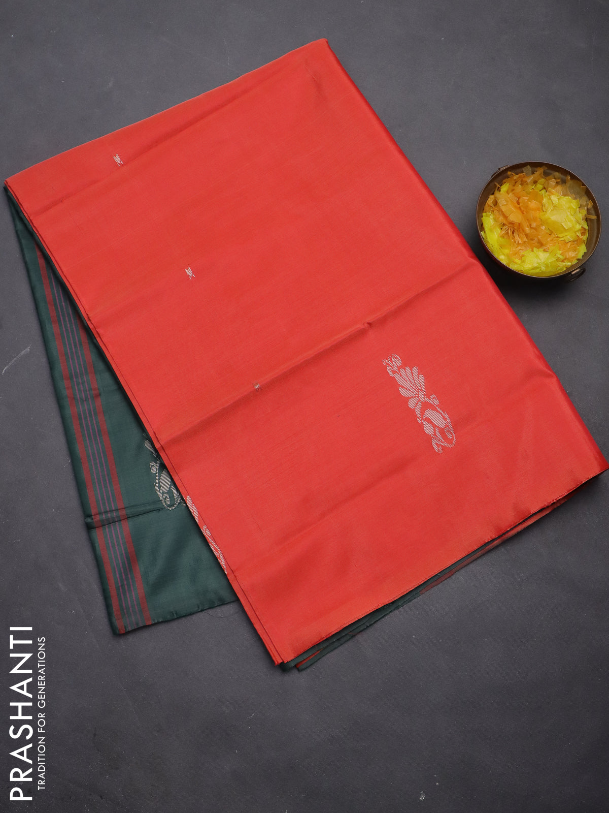 Banana pith saree orange and bottle green with thread woven buttas in ...