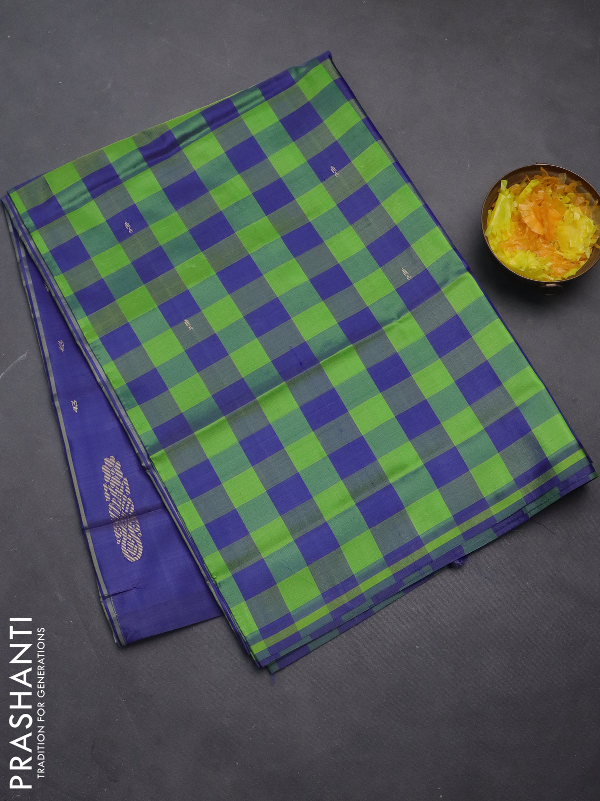 Banana pith saree light green and blue with allover checked pattern in ...