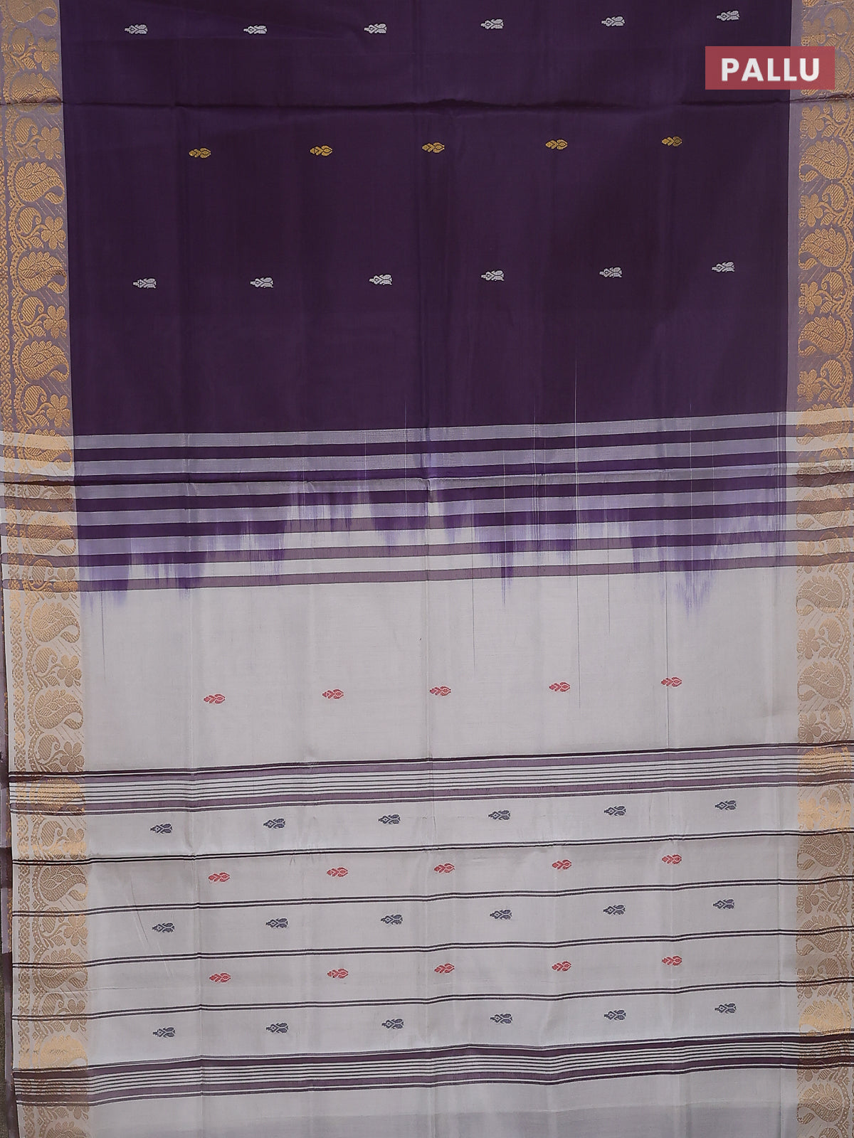 Banana pith saree deep purple and off white with thread woven buttas a ...
