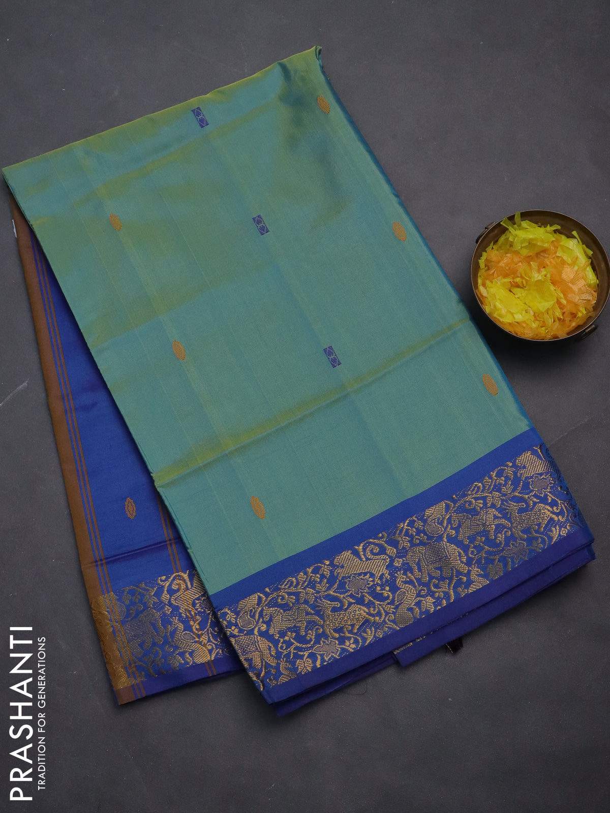 Banana pith saree dual shade of greenish blue and blue with thread wov ...