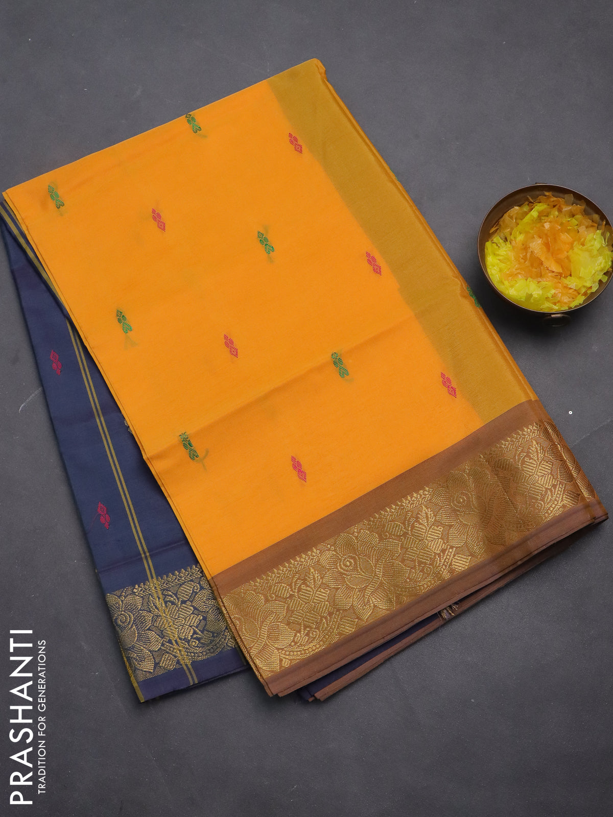 Banana pith saree mango yellow and peacock blue with thread woven butt ...