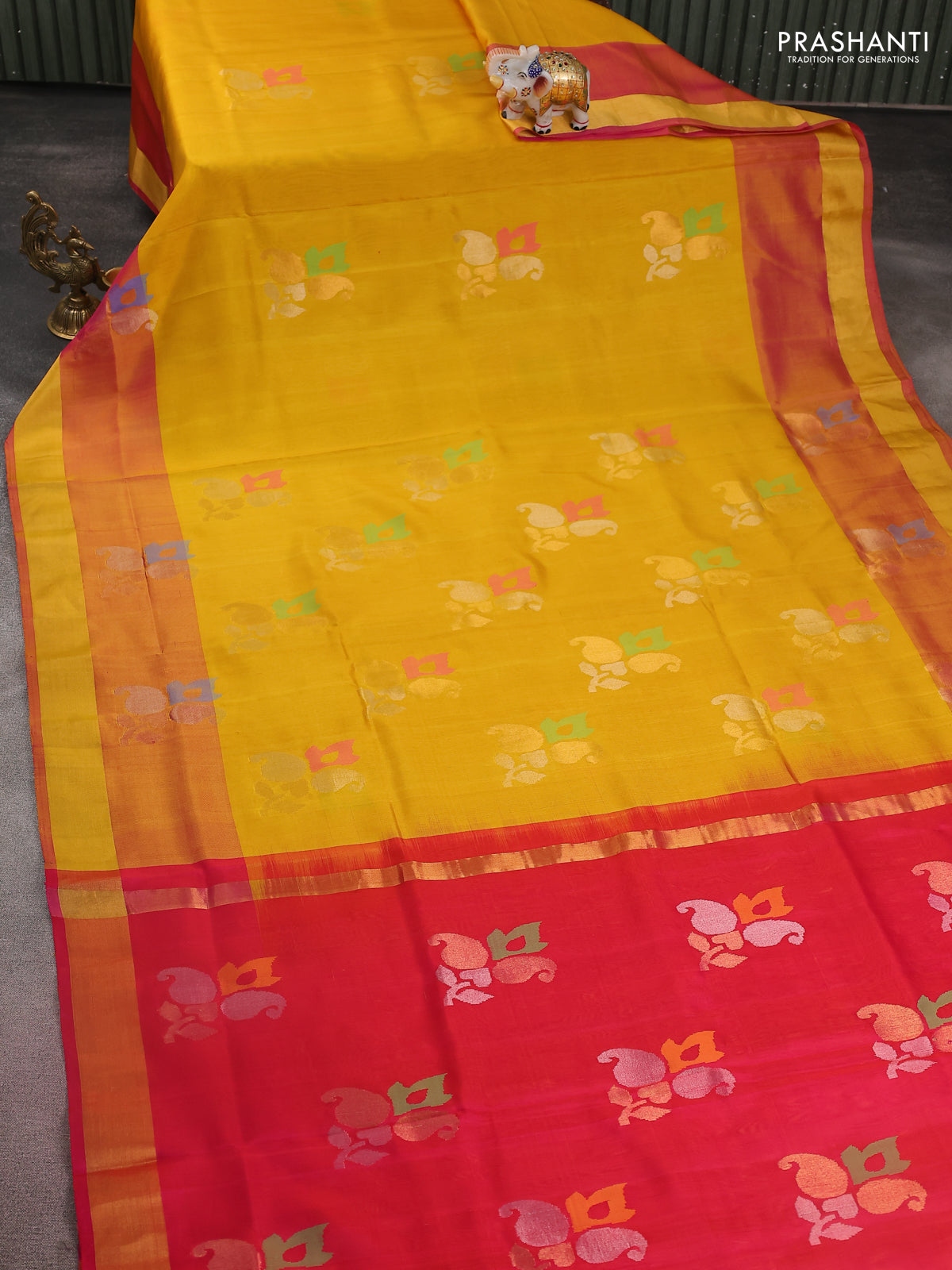 Pure uppada silk saree mustrad yellow and pink with jamdhani buttas an ...