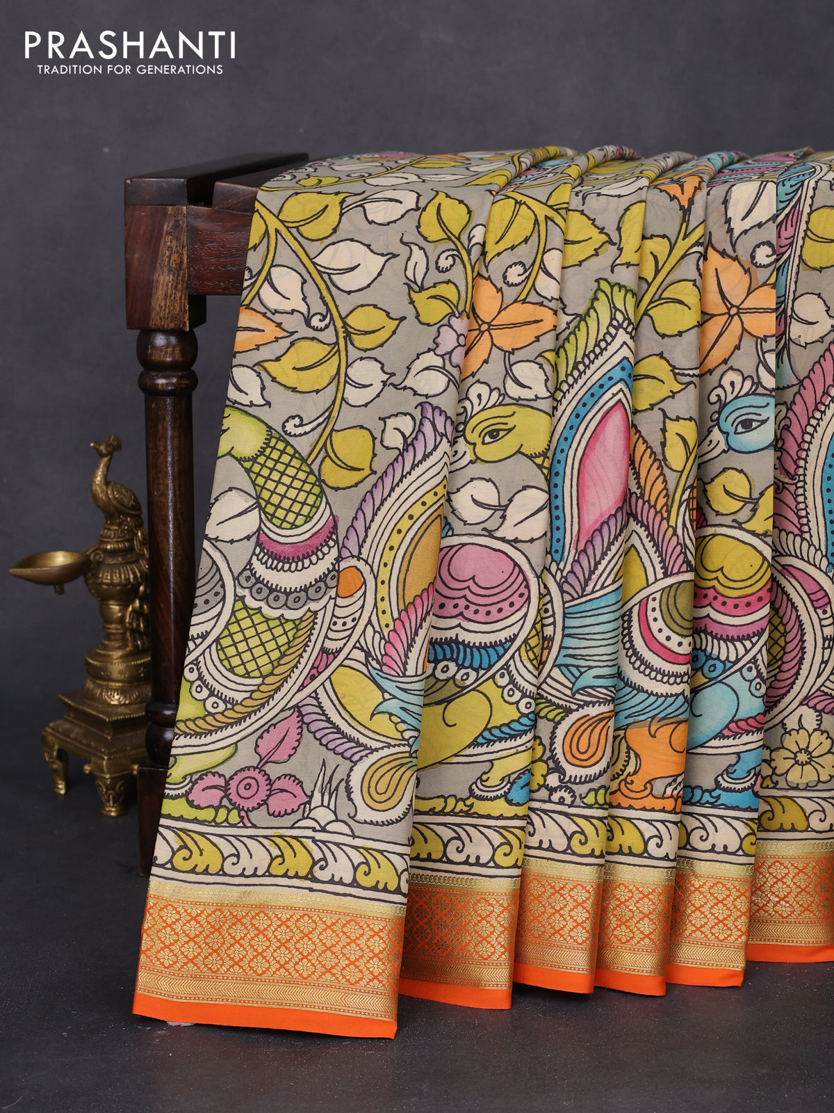 Pure mysore silk saree grey and orange with allover pen kalamkari prin ...