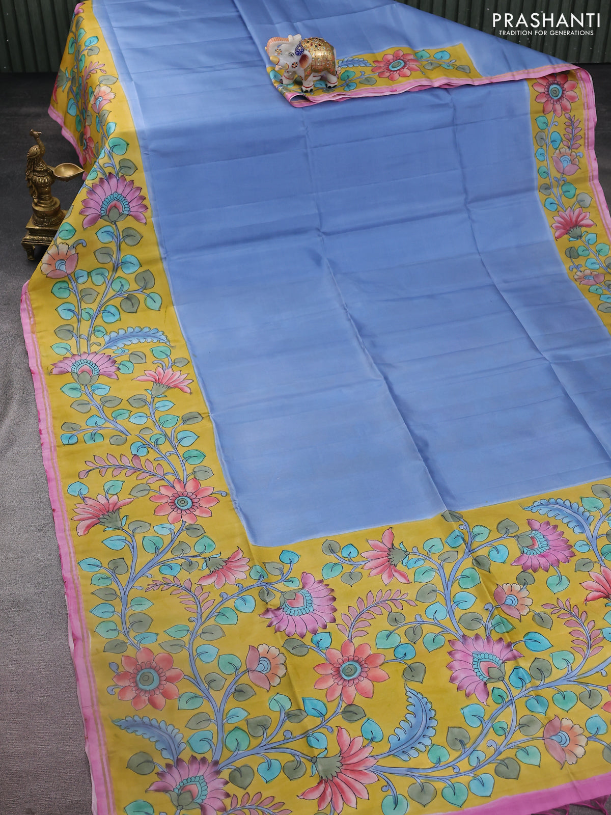 Pure soft silk saree pastel blue and yellow with plain body and kalamk ...