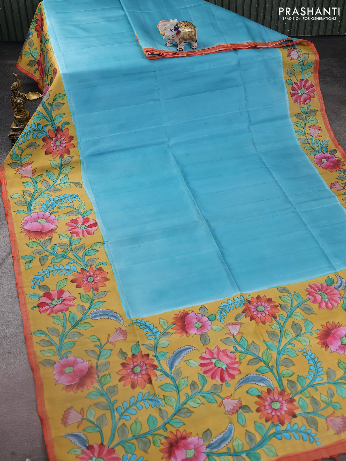 Pure soft silk saree pastel blue and mustard yellow with plain body an ...