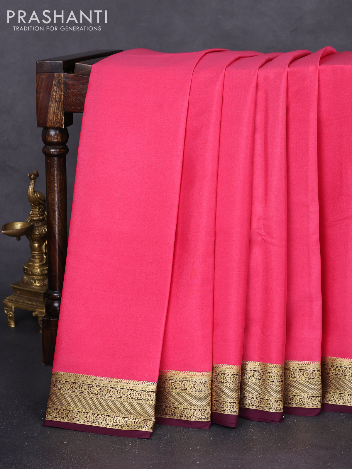 Pure mysore silk saree candy pink and wine shade with plain body and z ...
