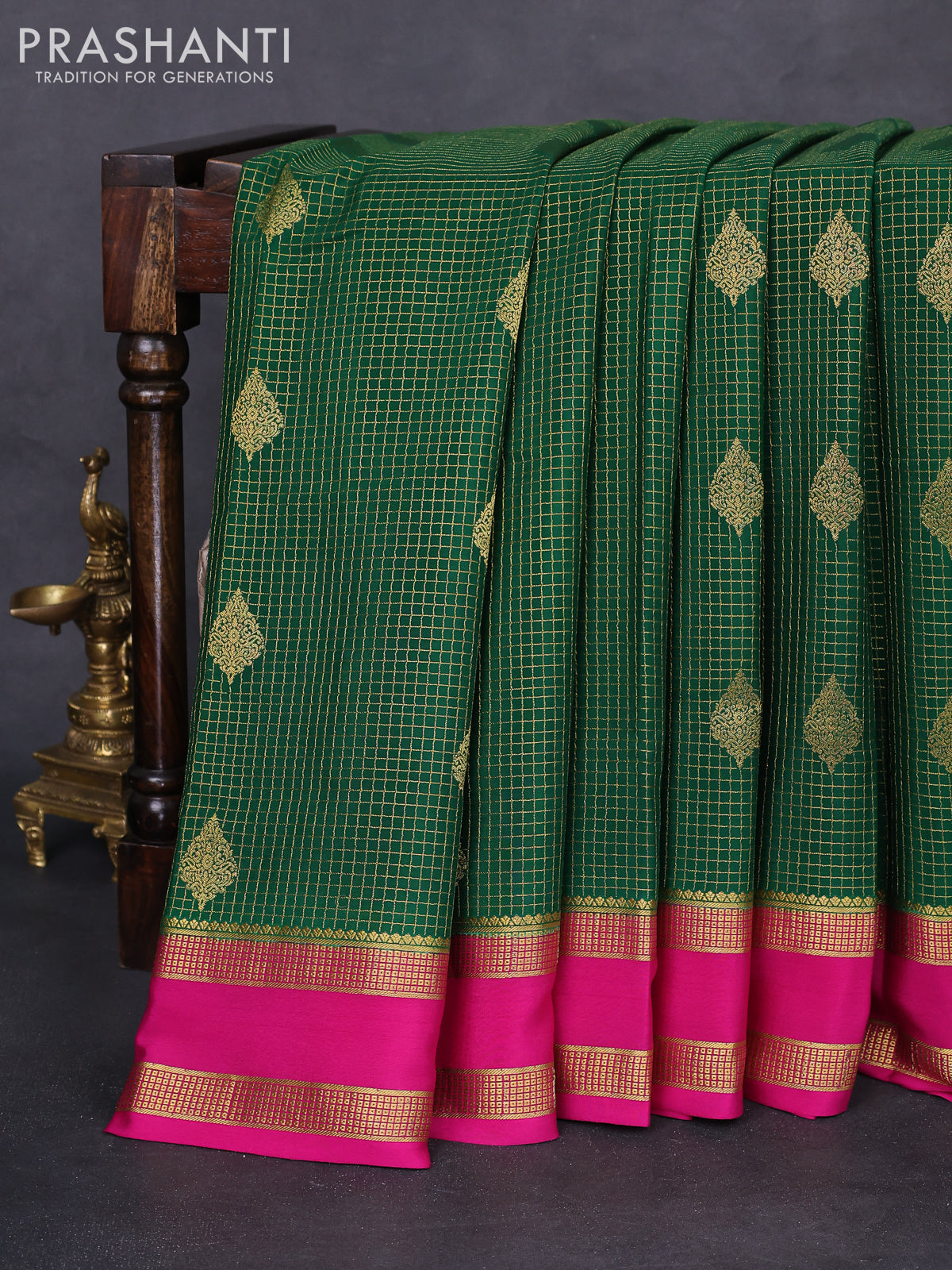 Pure mysore silk saree green and pink with allover zari checks & butta ...