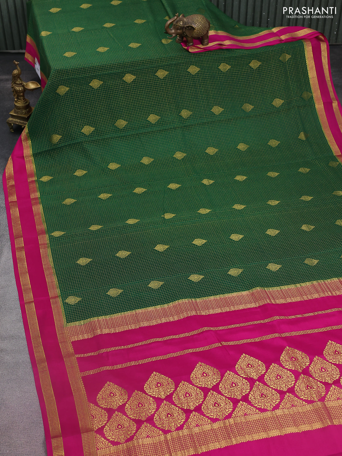 Pure mysore silk saree green and pink with allover zari checks & butta ...
