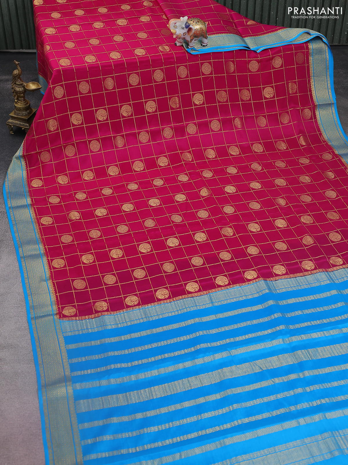 Pure mysore silk saree dark pink and cs blue with allover zari checks ...