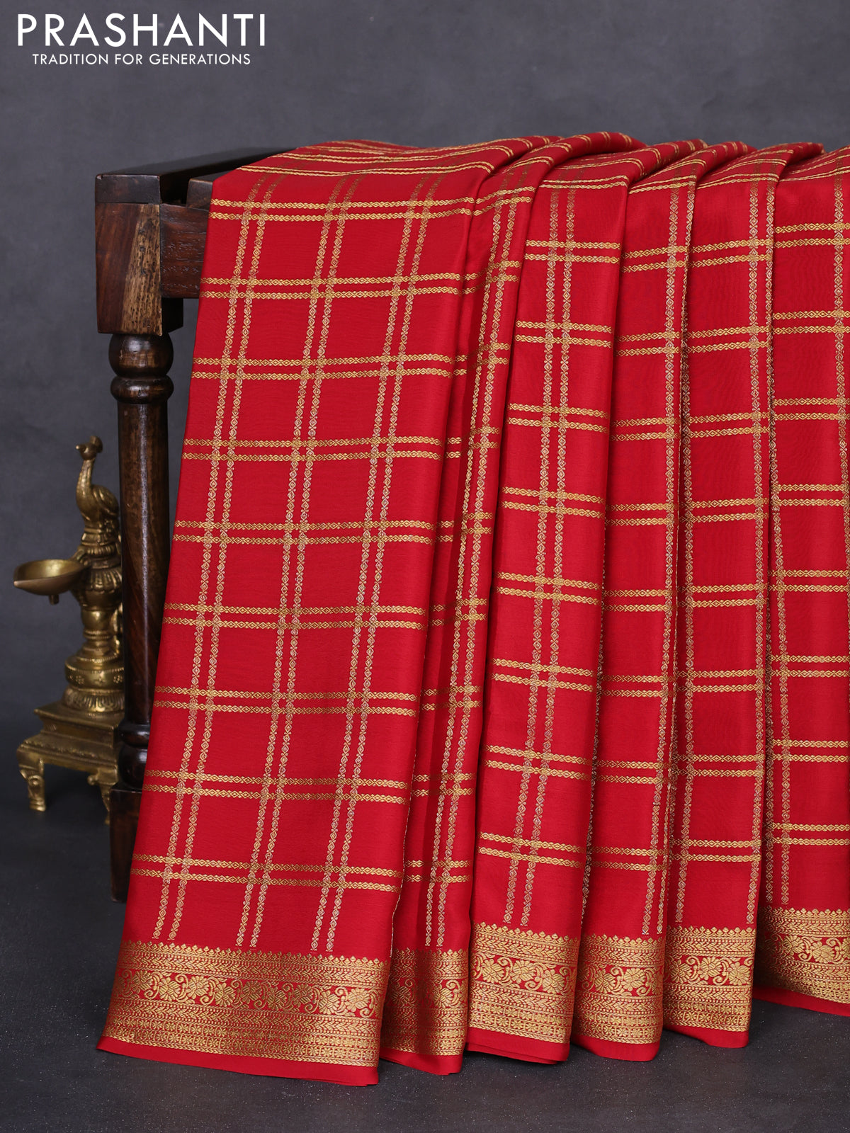 Pure mysore silk saree kumkum red with allover zari checked pattern an ...