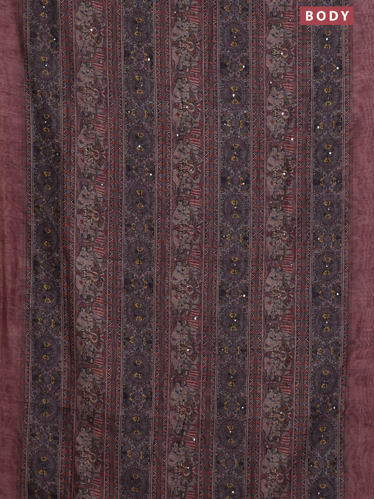 Semi linen saree pastel brown with allover madhubani prints & mirror w ...